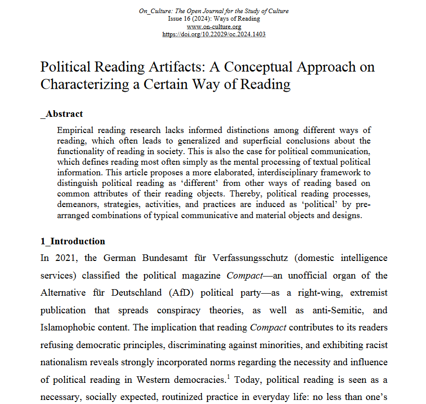Frisch publiziert: Political Reading Artifacts - Forschungsfeld Lesen